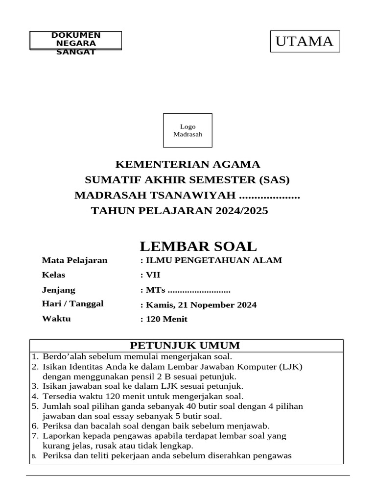 Naskah Sas Mapel Ipa Kelas 7 Paket 02 Tapel 2024-2025 | PDF