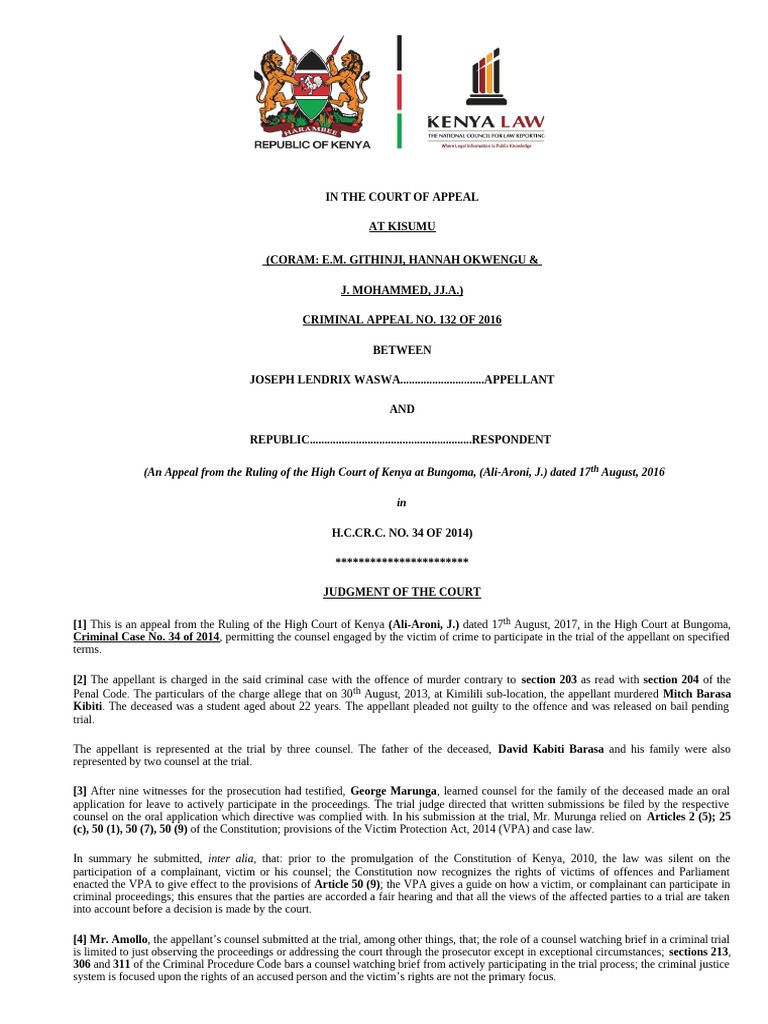 Joseph Lendrix Waswa v Republic (Criminal Appeal 132of2016) 2019KECA752 ...