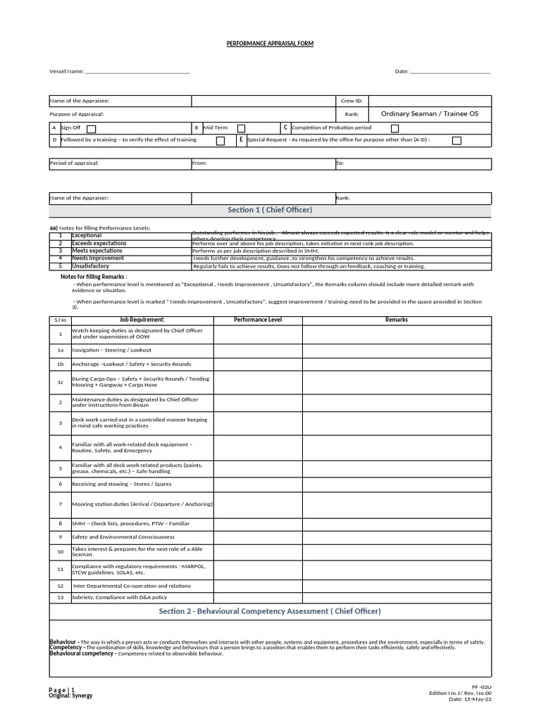 PF-02U Ordinary Seaman - Appraisal | PDF | Communication | Leadership