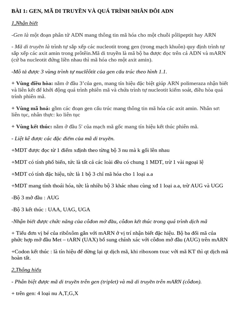 Đề Cương Sinh gk1 | PDF