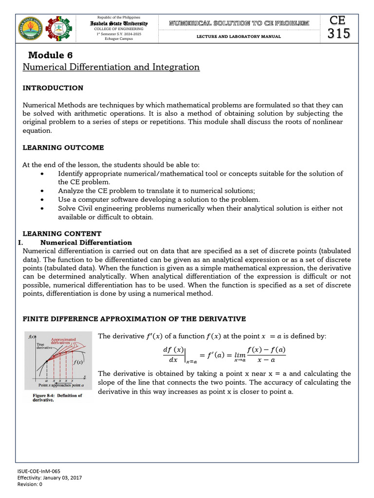 CE 315 6 LECLAB TOPIC 11 13 Numerical Differentiation Numerical ...