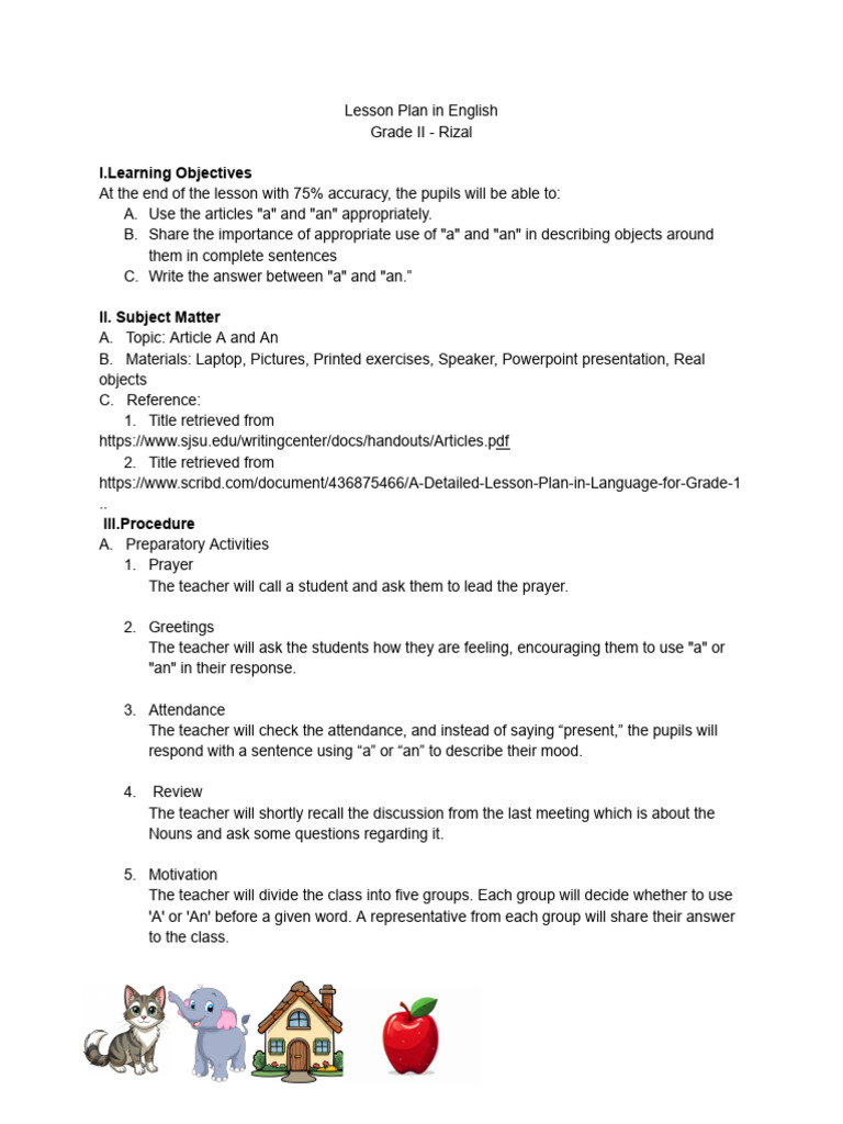 Article A and An Lesson Plan | PDF | Lesson Plan | Word