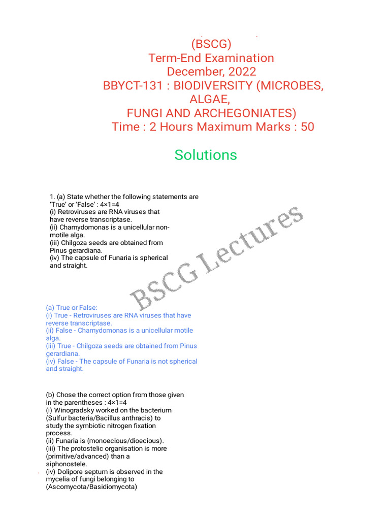 BBYCT-131 TEE Dec 2022 PYQ Solutions | PDF | Spore | Sexual Reproduction