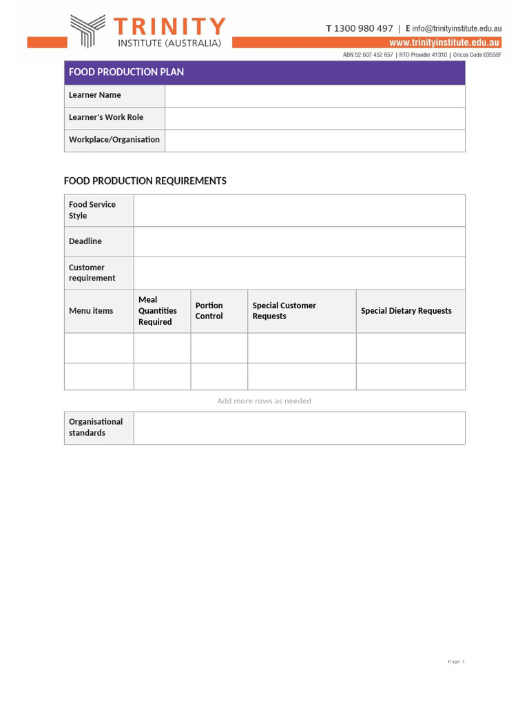 SITHKOP013 Food Production Plan Template v1.0 | PDF | Menu | Cuisine