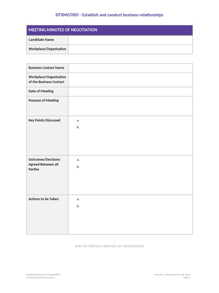 Negotiation Meeting Minutes Template | PDF