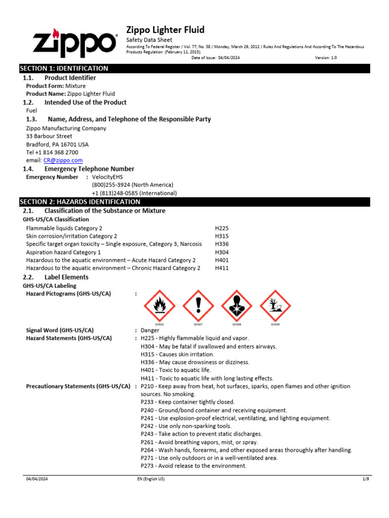 Zippo Lighter Fluid - NA | PDF | Firefighting | Toxicity