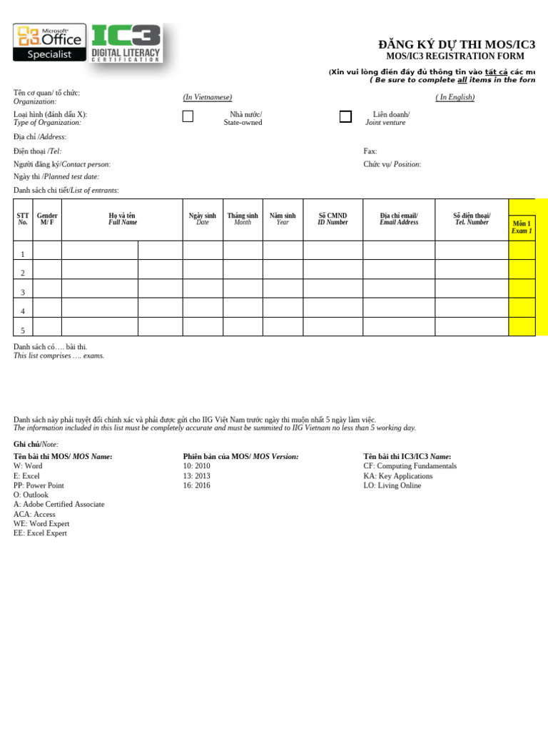 Biểu Mẫu 2-Certiport - Form Dang Ky Thi | PDF