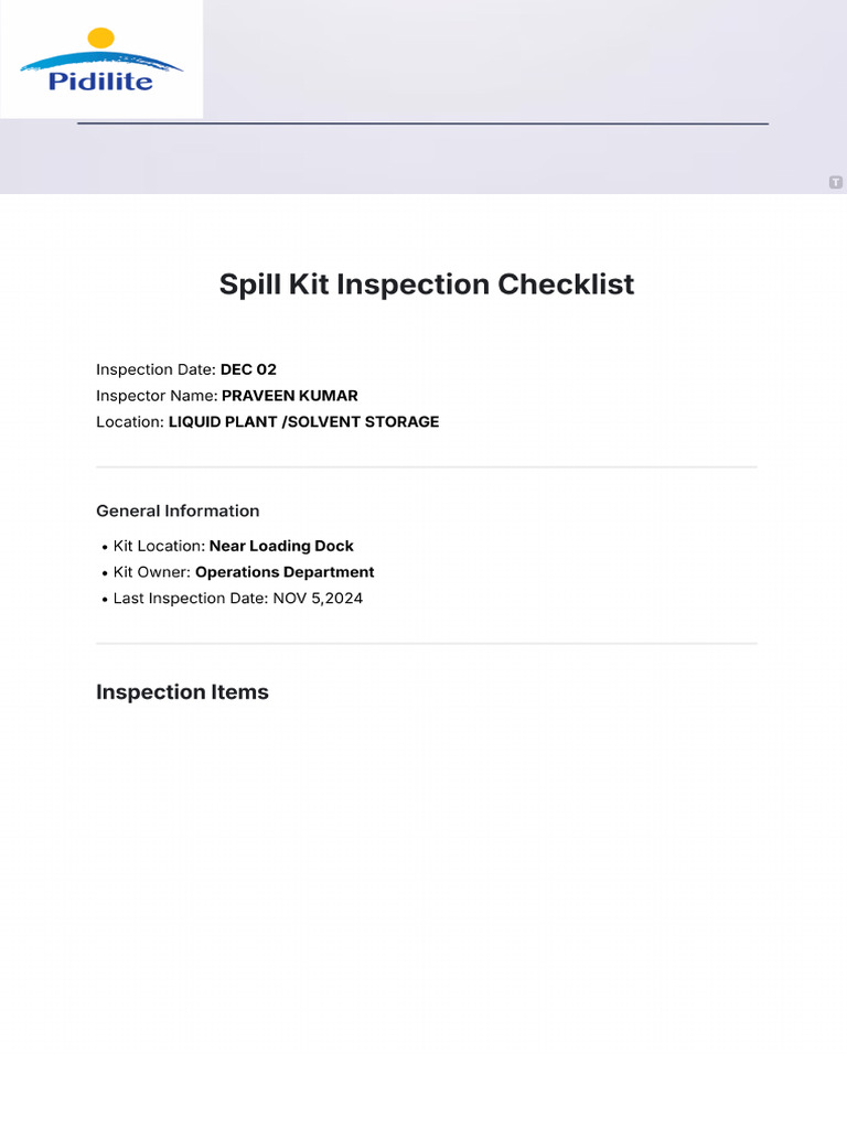 Free Spill kit Inspection Checklist Template | PDF Free Spill kit Inspection Checklist Template | PDF