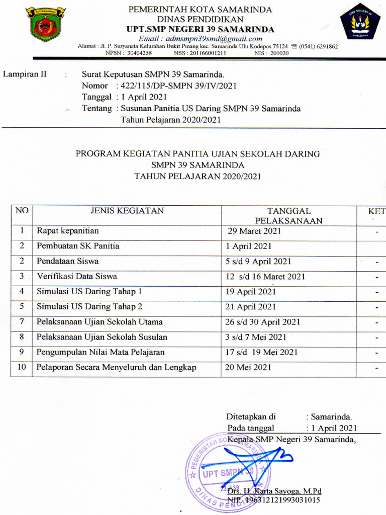 Program Kerja Panitia US Daring SMPN 39 | PDF