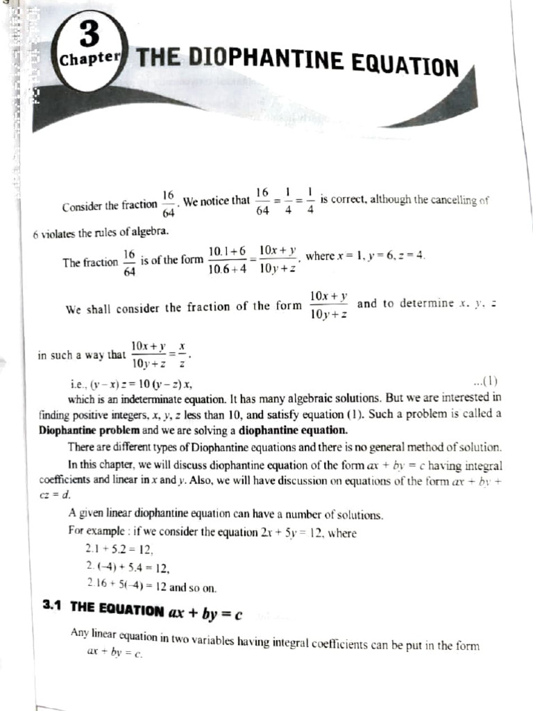 Ch 3 The Diophantine Equation 3 Mathematics Pdf Equations Elementary Mathematics