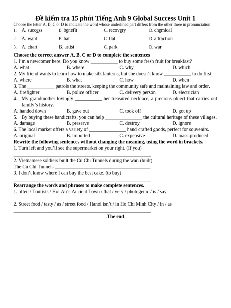 De Kiem Tra 15 Phut Tieng Anh 9 Global Success Unit 1 | PDF | Linguistics