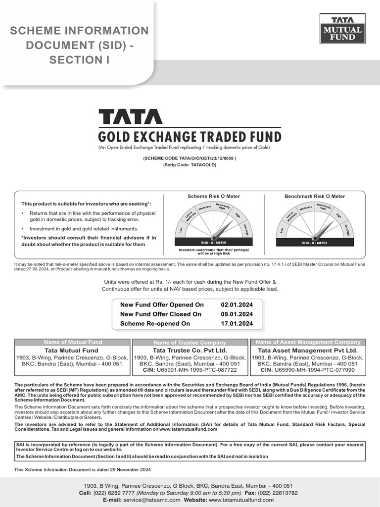 Tata Gold Exchange Traded Fund SID Nov 2024 | PDF | Money Market Fund ...
