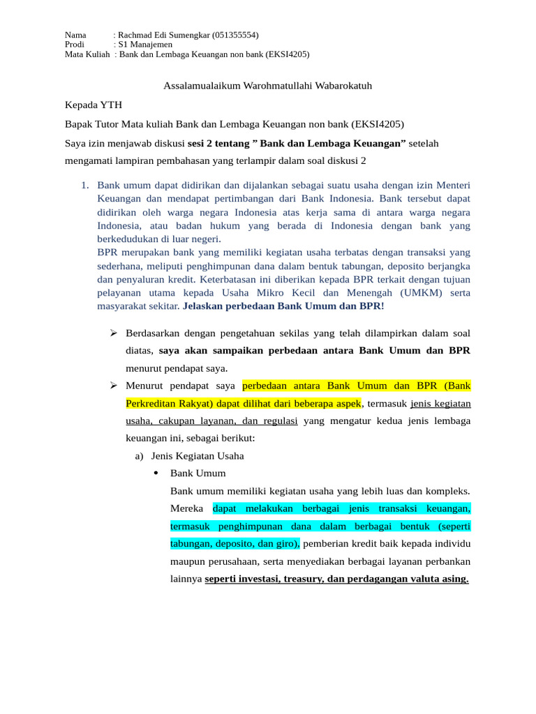Rachmad Edi Sumengkar 051355554 - Bank Dan Lembaga Keuangan Non Bank EKSI4205 - Sesi 2 Bank Dan ...