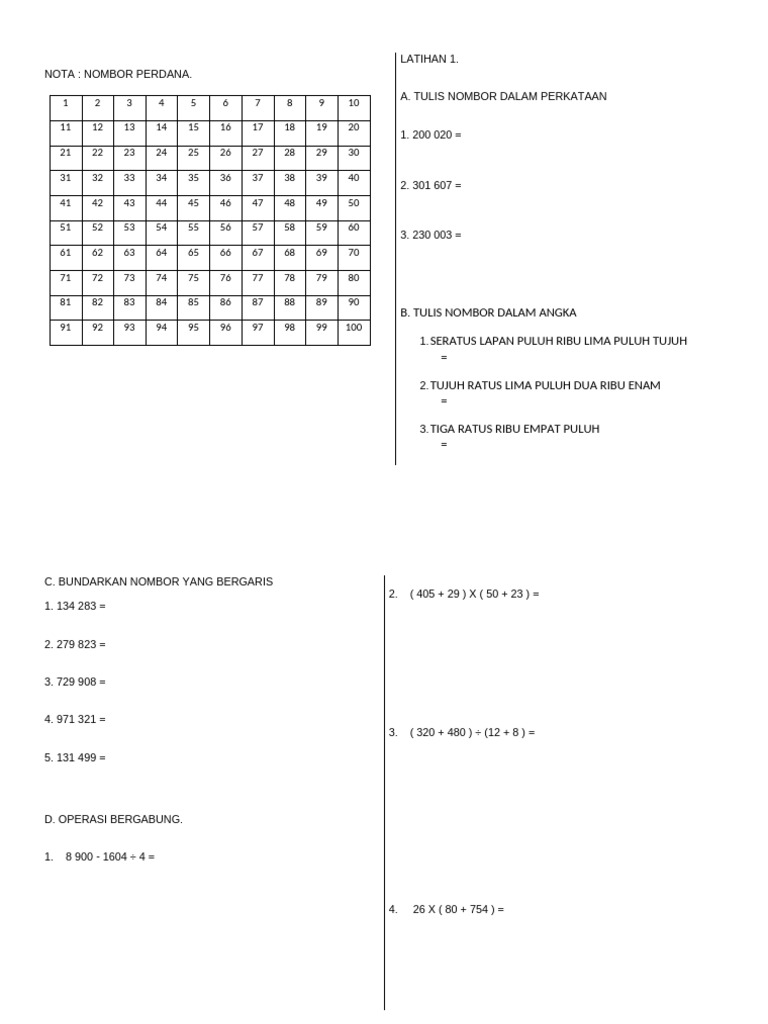 Nota: Nombor Perdana. Latihan 1 | PDF