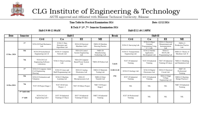 Practical Time Table Odd Sem 2024 | PDF | Engineering | Electrical Engineering