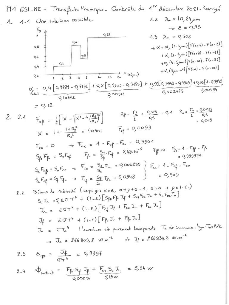 M1GSI Conduction Rayonnement CC2 Corrigé | PDF
