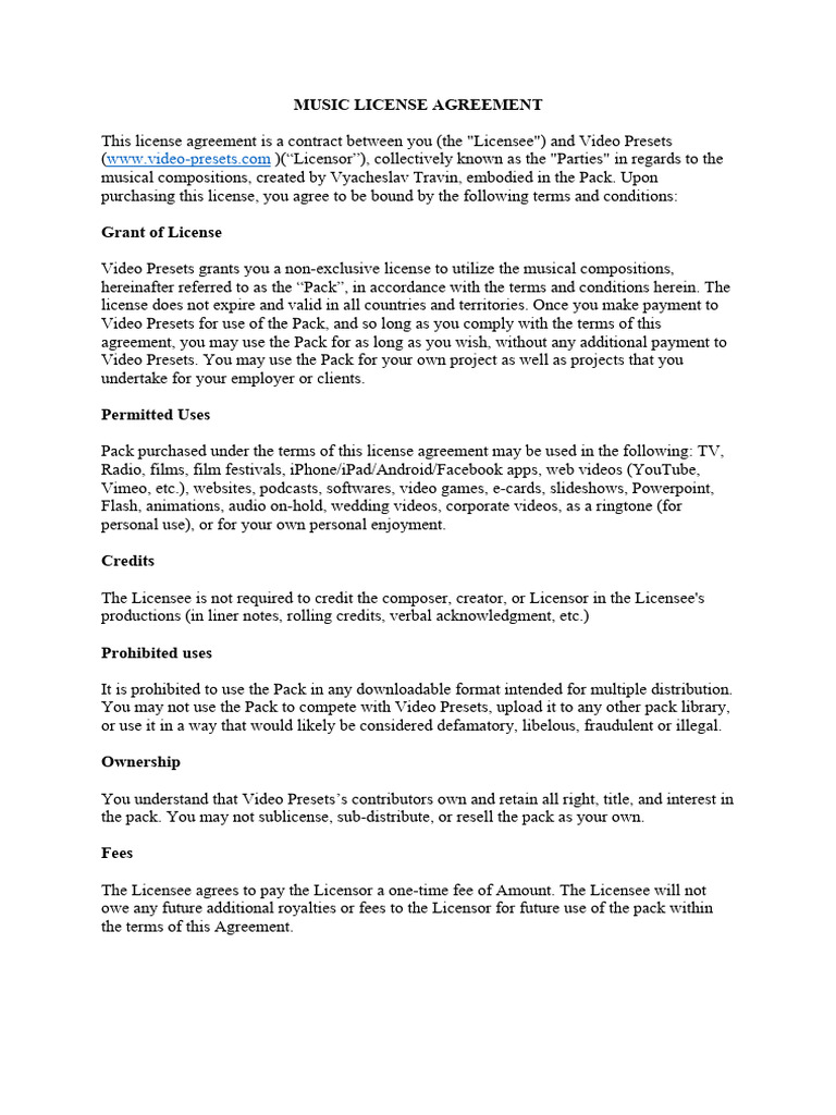 Music License Agreement Video-Presets | PDF
