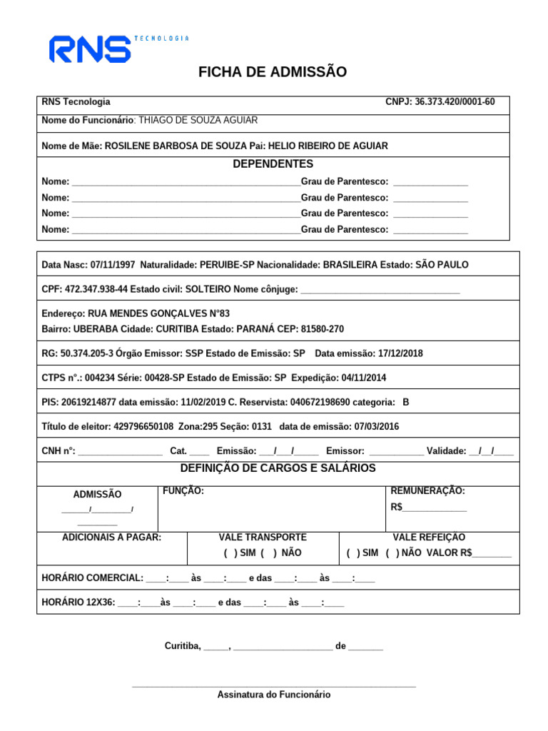 Ficha de Admissão - RNS - THIAGO | PDF