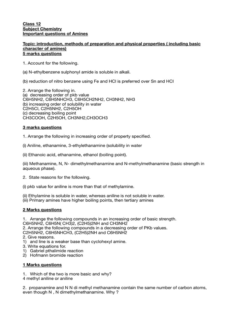 Class 12 Amines: Key Questions & Concepts | PDF | Amine | Organic Chemistry