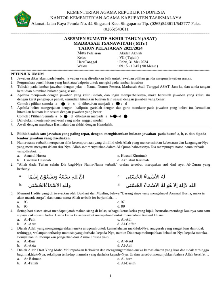 2 Naskah Soal Asat Akidah Kelas 7 2023-2024 | PDF