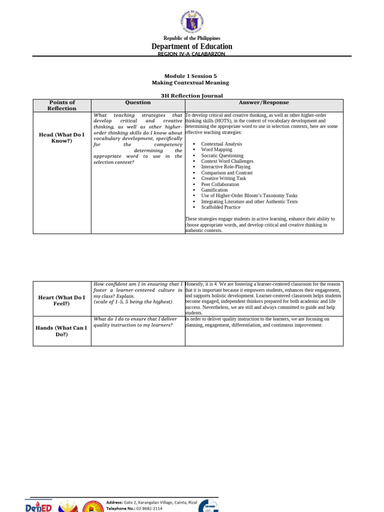 3H Reflection Template_Module 1 Session 5 | PDF | Learning | Creativity