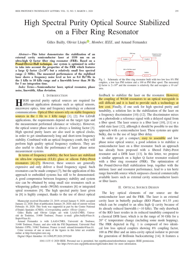 High Spectral Purity Optical Source Stabilized On A Fiber Ring ...