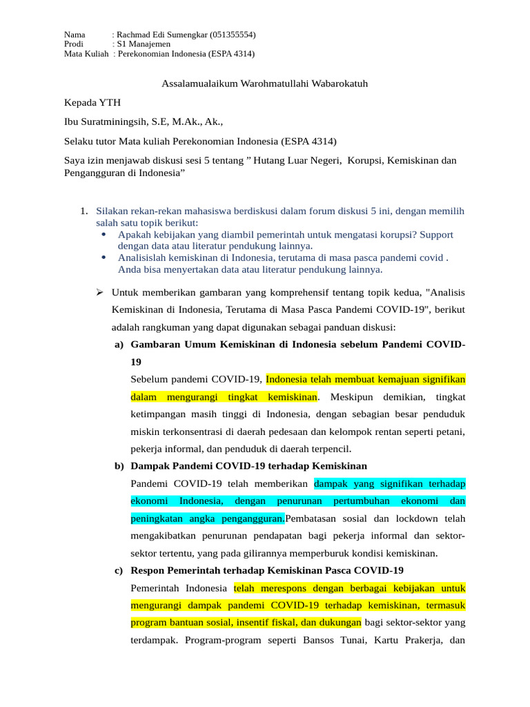 Rachmad Edi Sumengkar 051355554 - Perekonomian Indonesia (ESPA 4314) - Sesi 5 Hutang Luar Negeri ...