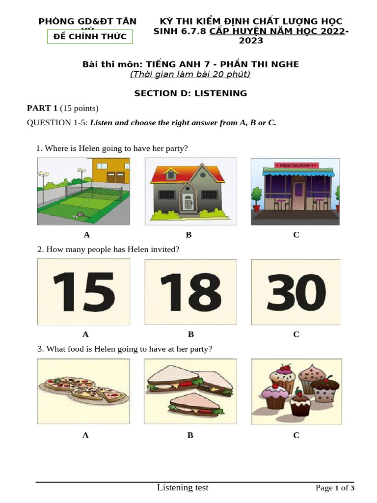 Listening Test for English 7 Students | PDF