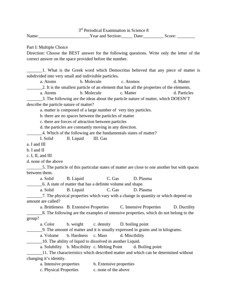 3rd Periodical Examination in Science | PDF | Proton | Matter