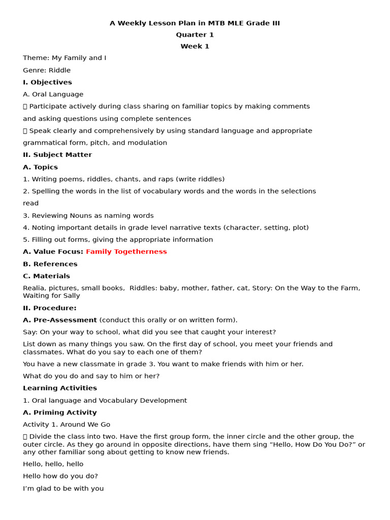 A Weekly Lesson Plan in MTB MLE Grade III - Copy | PDF | Reading ...