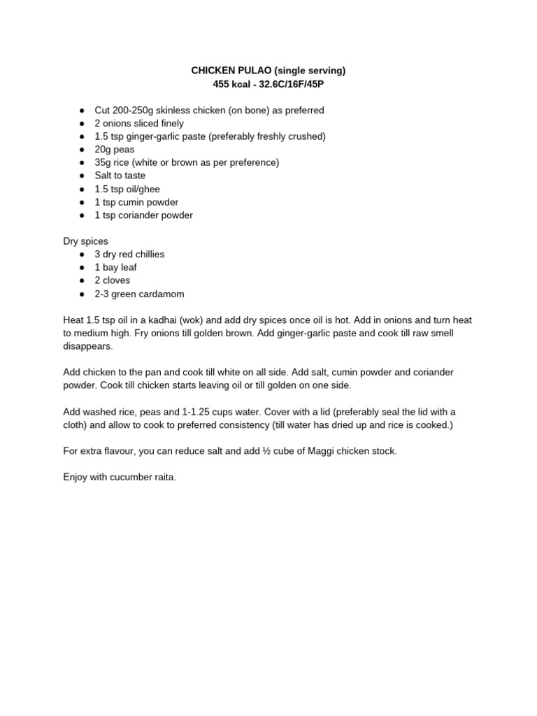 Easy Chicken Pulao Recipe for One | PDF