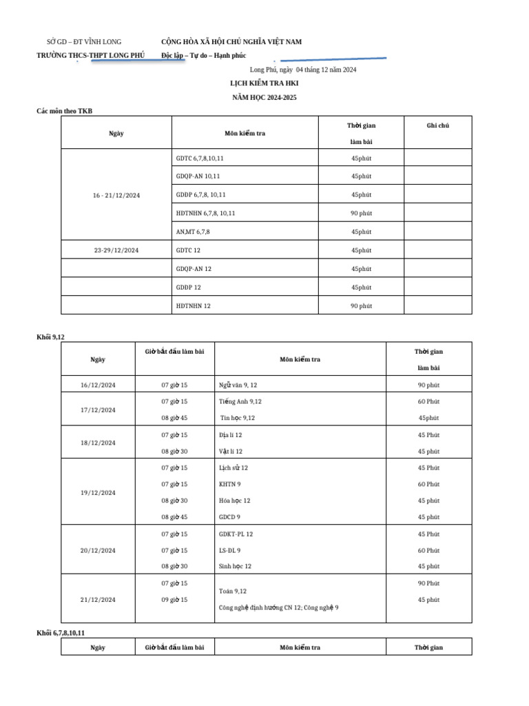 Lịch kiem tra HKI 2024-2025 | PDF