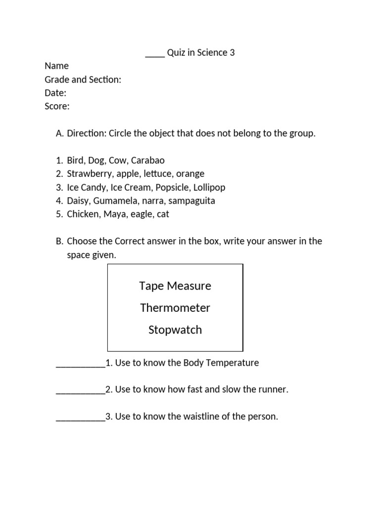 Science Quiz for Grade 3 Students | PDF