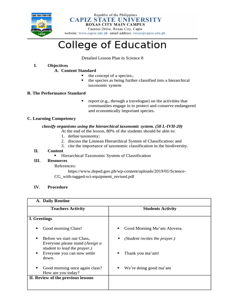 Final Demo Lesson Plan | PDF | Taxonomy (Biology) | Species