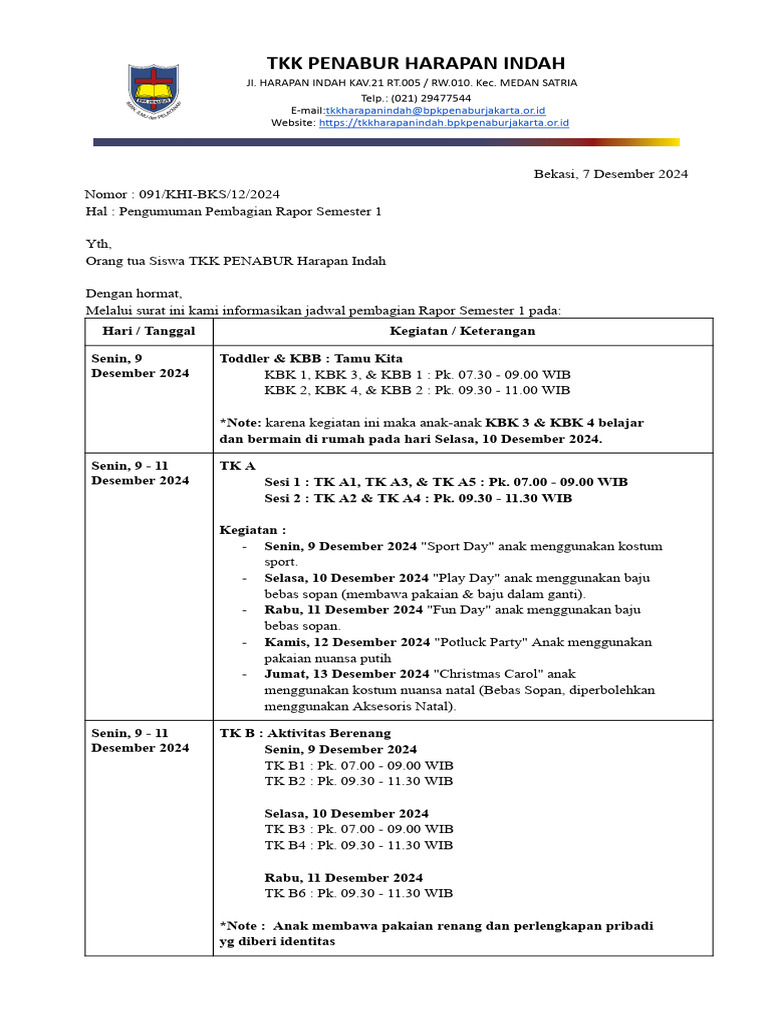Contoh Pengumuman Pembagian Rapor Semester 1 | PDF