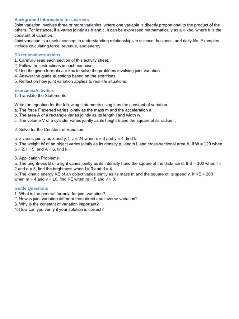 Activity Sheet - Joint - Variation | PDF | Force | Mass