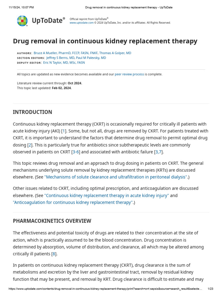 Drug Removal in Continuous Kidney Replacement Therapy - UpToDate | PDF ...