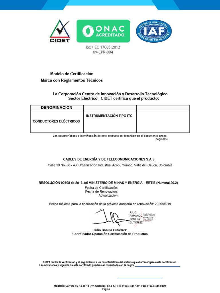 Certificado 01669 - Instrumentación Tipo Itc - Ul 2250 - NTC 5917 - Ul ...
