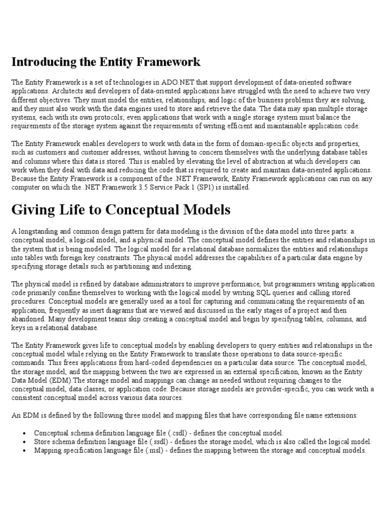 Introducing The Entity Framework Entity Framework Conceptual Model