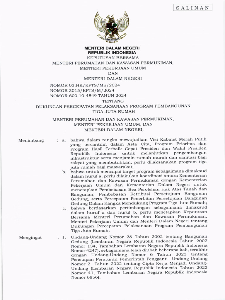 SKB Dukungan Percepatan Program 3 Juta Rumah (Salinan) | PDF