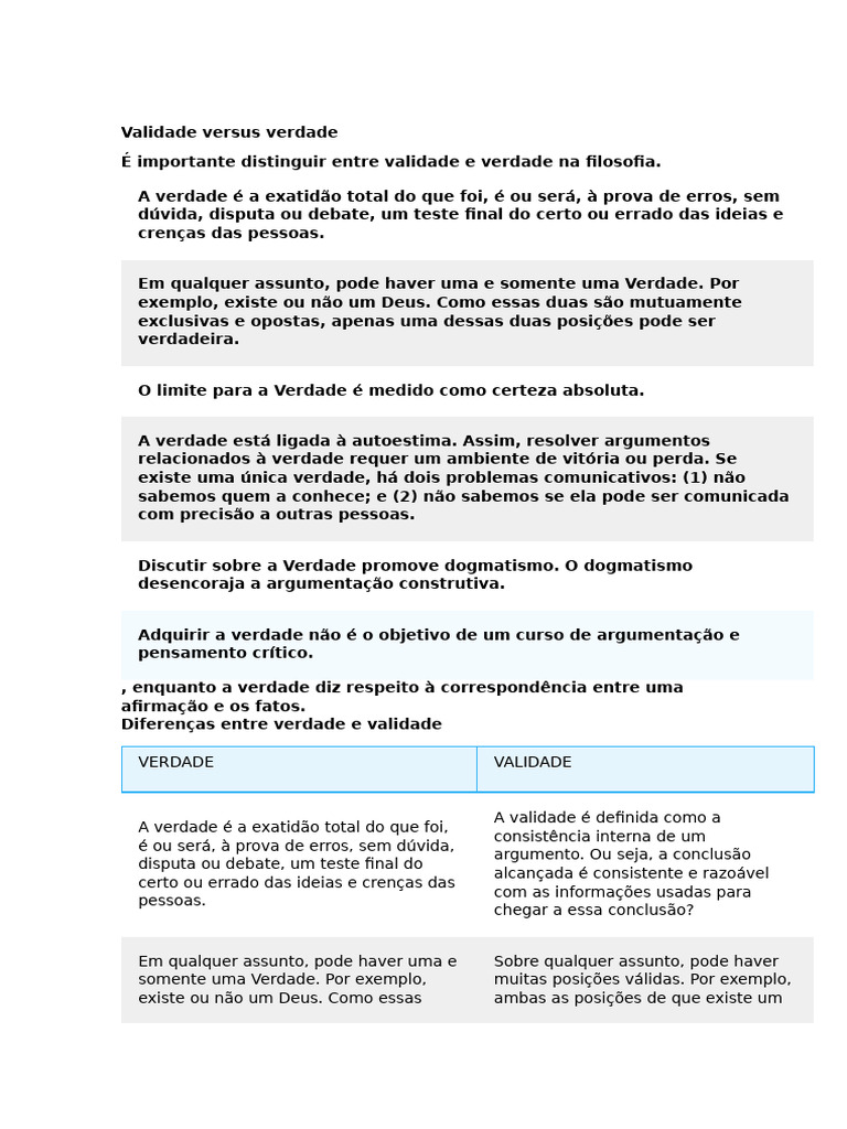 Diferenças entre Validade e Verdade | PDF | Verdade | Argumento
