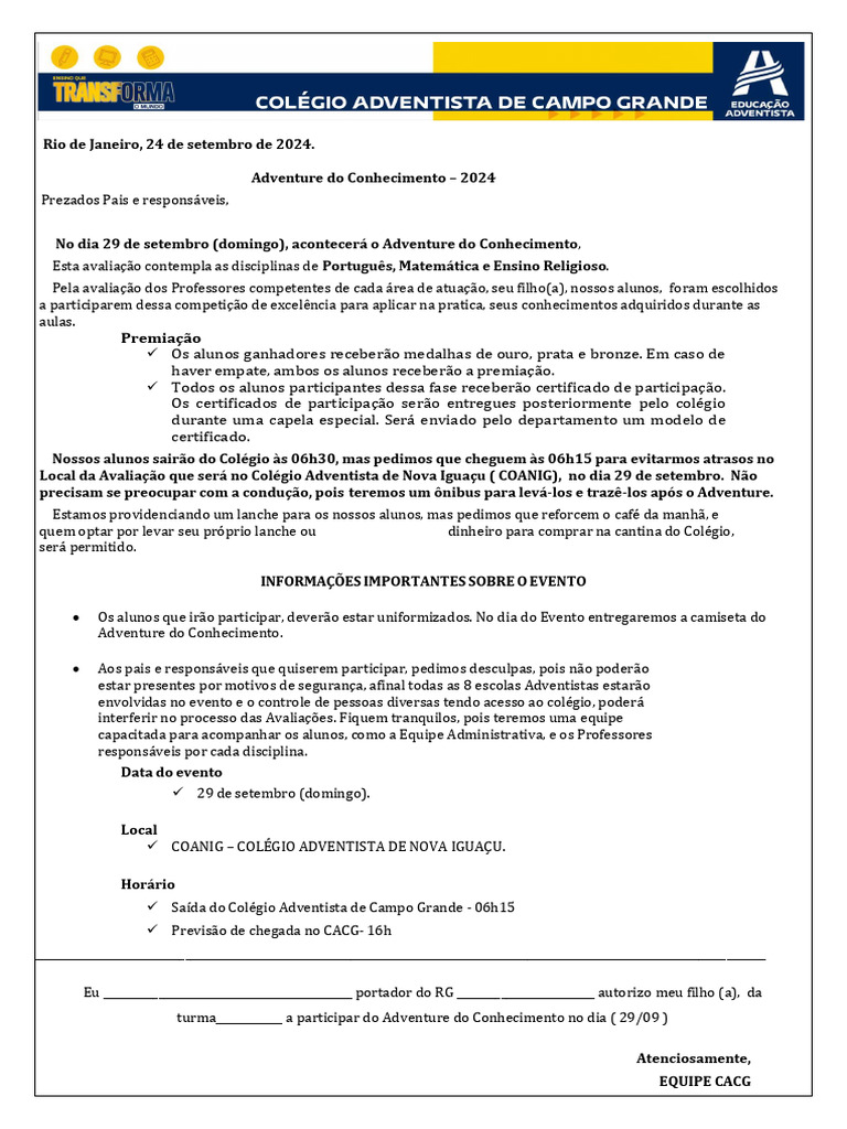 Comunicado Adventure Do Conhecimento | PDF | Faculdade