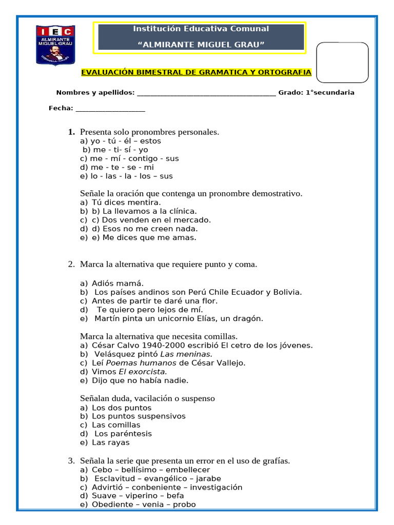 1ºSECU-EVALUACIÓN IV BIMESTRAL DE GRAMATICA Y ORTOGRAFIA | PDF