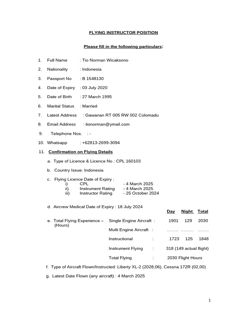 Particulars of Flight Instructor Form | PDF