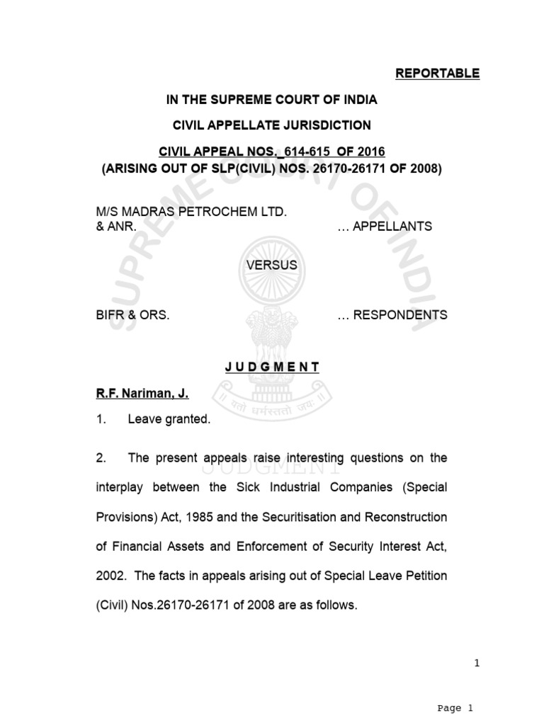 SICA - SARFAESI (Case) Madras Petrochem Case | PDF | Appeal | Security ...