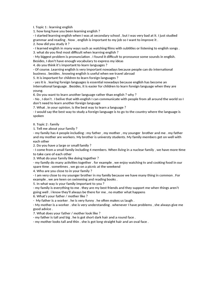 Speaking Part 1 Pdf English Language Foreign Language