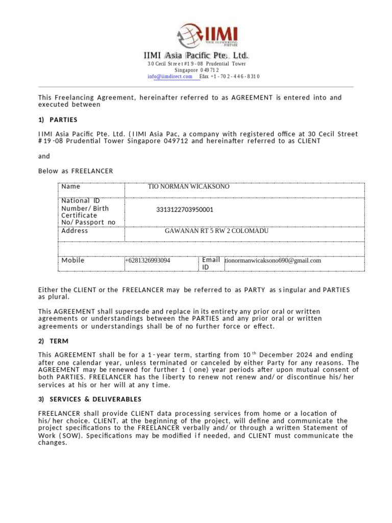 IIMI Asia Pac - IDR Freelancer Agreement 2024-2025 | PDF | Non Disclosure Agreement | Breach Of ...