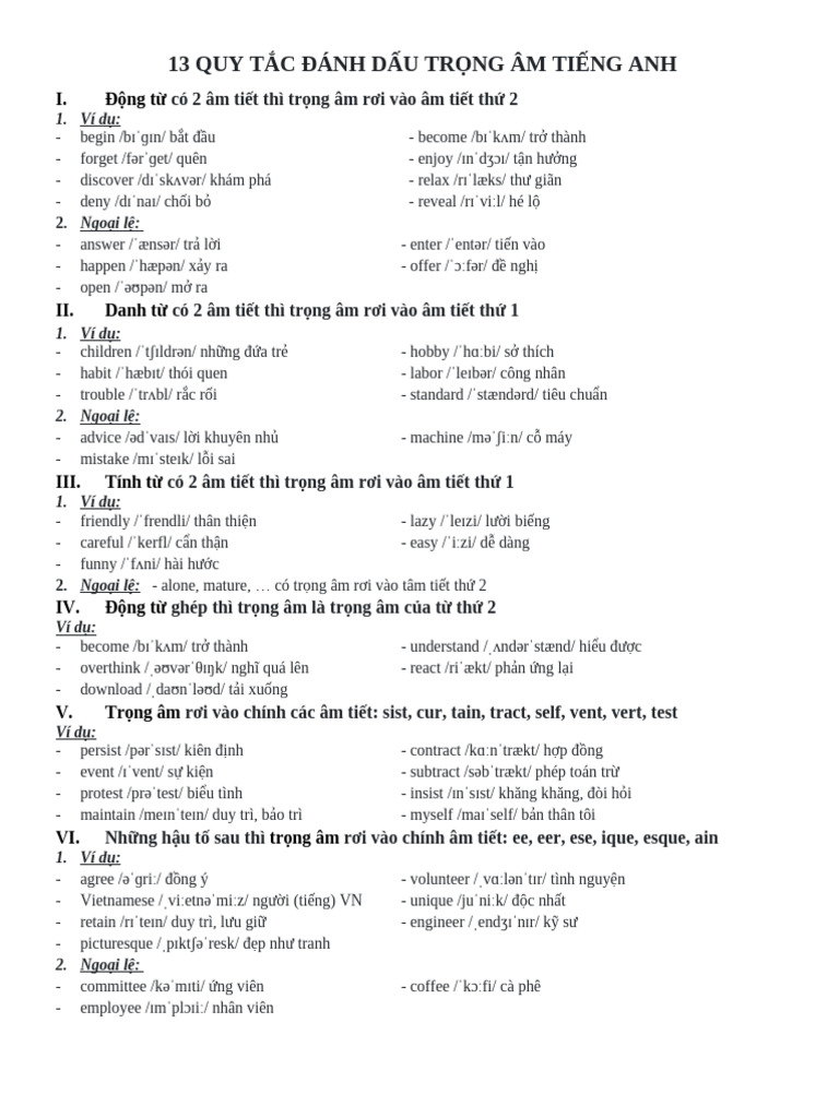 13 quy tắc đánh trọng âm trong tiếng Anh | PDF