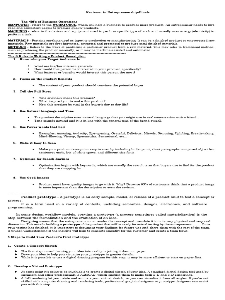 Entrepreneurship Reviewer For Finals | PDF | Prototype | Business Model