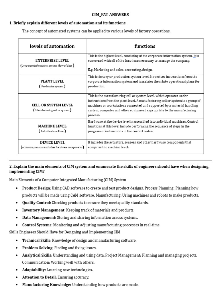 Cim Fat Answers | PDF | Numerical Control | Automation